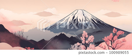 Fuji mountain spring landscape with sakura blossom - Stock Illustration ...