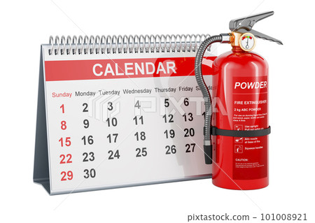 Fire extinguisher with desk calendar. 3D rendering - Stock Illustration ...