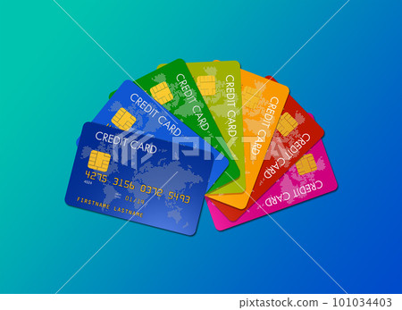 Colorful credit cards isolated on a blue... - Stock Illustration ...