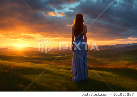 Young non recognizable woman in beautiful dress... - Stock Illustration ...
