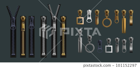Metal zippers. Clothing fastener. Bag zip... - Stock Illustration ...