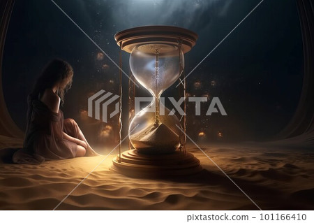Big hourglass turner woman sit. Sand time.... - Stock Illustration ...