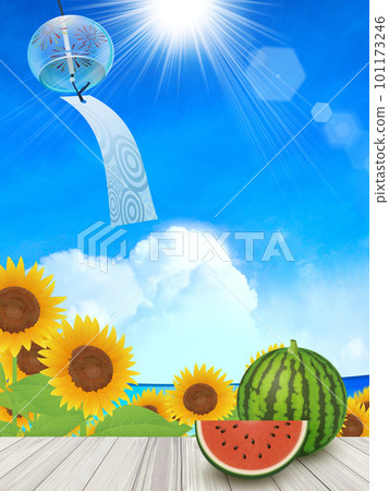 Summer blue sky, sunflowers, sun and thunderheads - Stock Illustration ...