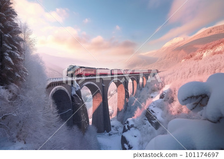 Train moves on railroad bridge in mountain,... - Stock Illustration ...