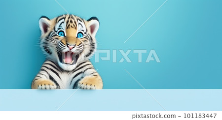 cute adorable tiger cub smiling on blue... - Stock Illustration ...