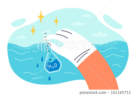 Glass flask signed H2O with water from ocean in... - Stock Illustration ...