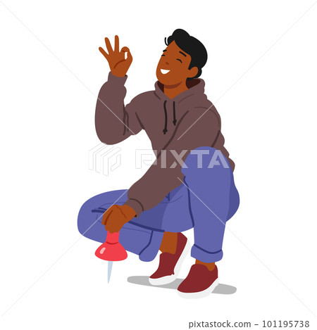 Young Man Holding Huge Pin In Hand And Making... - Stock Illustration ...