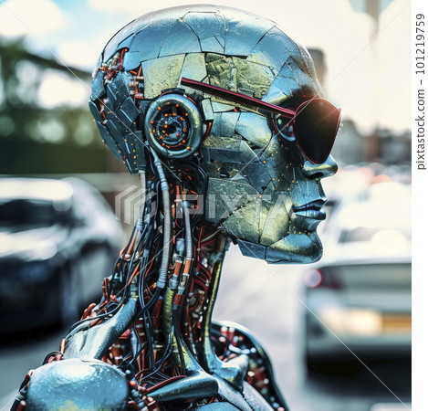 Head of an android made of plates of shimmering... - Stock Illustration ...