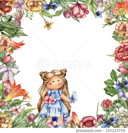 Watercolor square flower frame in cartoon style... - Stock Illustration ...