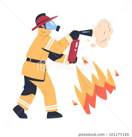 Professional firefighter putting out fire using... - Stock Illustration ...