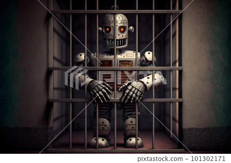 Cartoonish robot in jail behind the bars,... - Stock Illustration ...