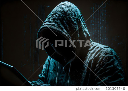 evil hacker in black hood and mask on dark... - Stock Illustration ...