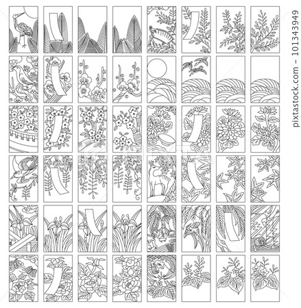 Hanafuda line drawing picture card set monochrome - Stock Illustration ...