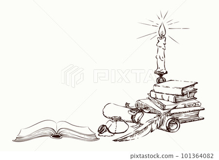 Vector drawing. Books and a candle in a... - Stock Illustration ...