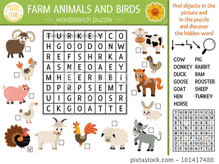 Vector farm animals and birds wordsearch puzzle...-插圖素材 [101417480 ...
