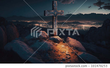 Cross standing on high rock glowing at night... - Stock Illustration ...