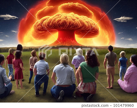 People watching a nuclear explosion in the... - Stock Illustration ...