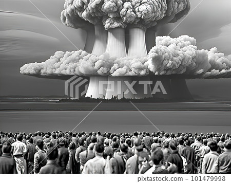 People watching a nuclear explosion in the... - Stock Illustration ...