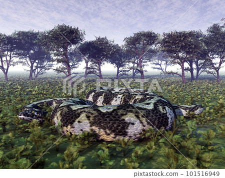 Prehistoric giant snake Titanoboa in a landscape - Stock Illustration ...