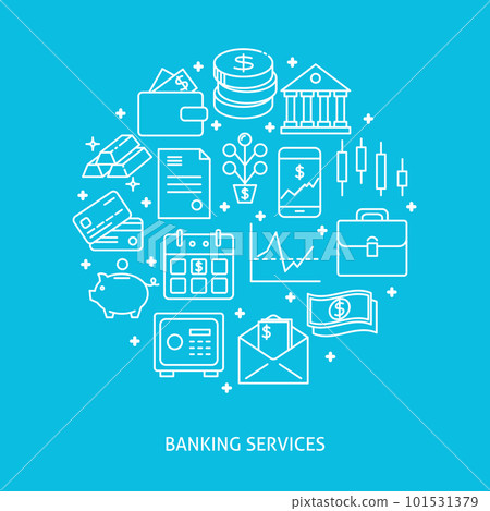 Banking services round concept banner in line... - Stock Illustration ...