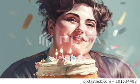 Happy fat woman eating cakes and sweets at home... - Stock Illustration ...