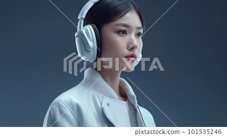 Asian Woman Listening To Music With Headphones Stock Illustration