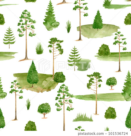 Watercolor forest seamless pattern. Hand drawn... - Stock Illustration ...