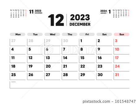 2023年12月日曆-月月曆週一開始-3個月，A版比例-插圖素材 [101548747] - PIXTA圖庫