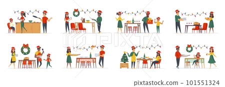 Christmas dinner bundle of scenes with people... - Stock Illustration ...