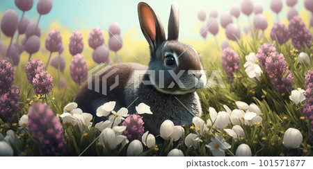 Happy bunny rabbit with easter eggs. Colorful... - Stock Illustration ...