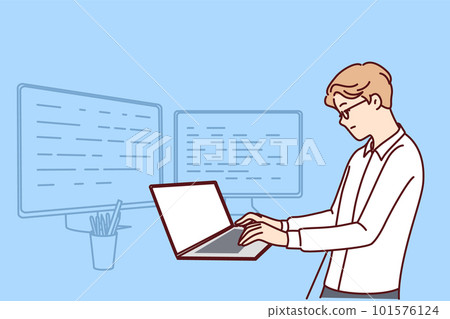 Man software developer is standing at table... - Stock Illustration ...