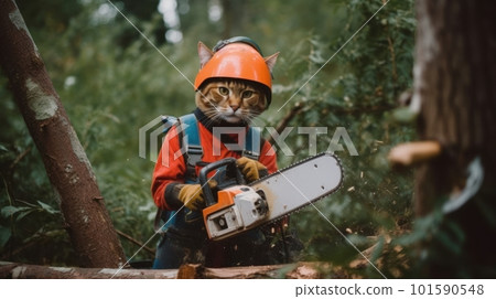 A cat cutting a tree with a chainsaw: an AI work - Stock Illustration ...