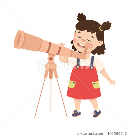 Cute happy brunette little girl looking through... - Stock Illustration ...
