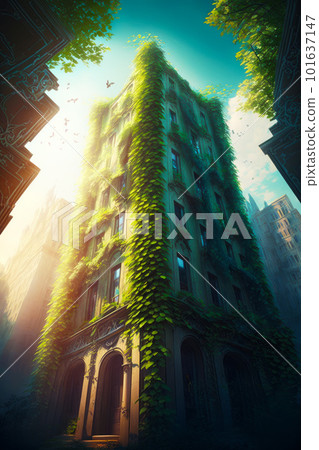 Tall building with vines growing on it's side... - Stock Illustration ...