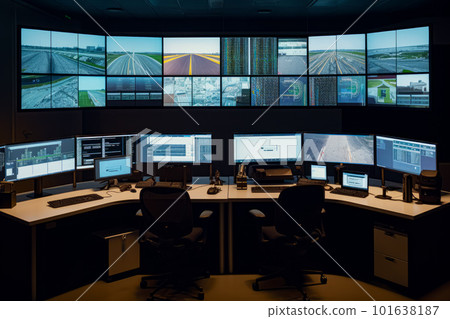 Control room with multiple monitors and lot of... - Stock Illustration ...