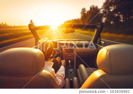 Person driving car with the sun setting in the... - Stock Illustration ...