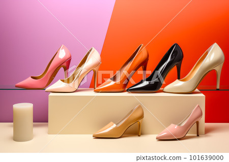 Row of women's high heel shoes sitting on top... - Stock Illustration ...