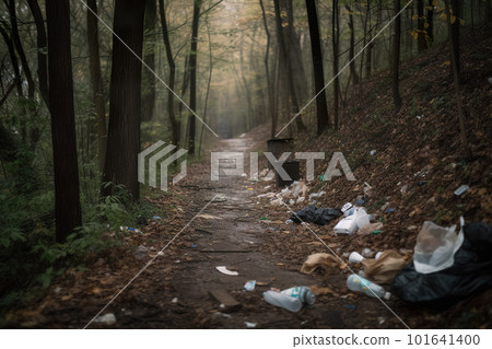 A path in a forest with trash on the ground. AI... - Stock Illustration ...