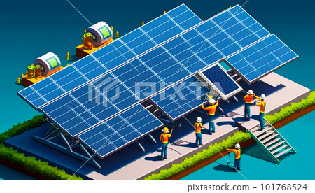 Group of people working on solar panel... - Stock Illustration ...