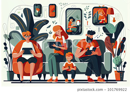 Family using smartphones and tablets, parents... - Stock Illustration ...