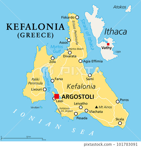 Kefalonia, Greek island, political map. Also... - Stock Illustration ...