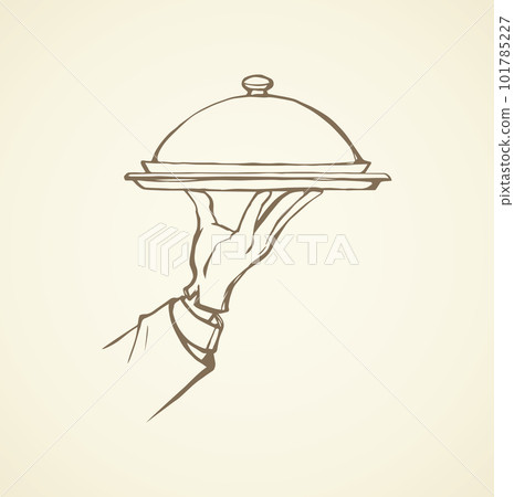 Hand of waiter with dish. Vector drawing - Stock Illustration ...