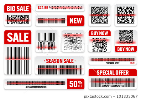 Product barcodes and QR codes with red scanning... - Stock Illustration ...