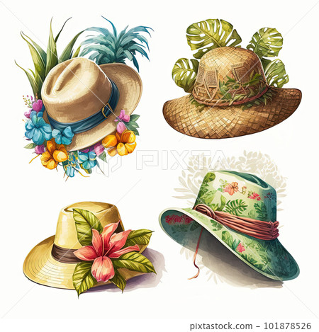 Set of watercolor straw Hawaiian hats in... - Stock Illustration ...