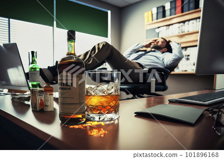 Desk with computer, whiskey bottle and filled... - Stock Illustration ...