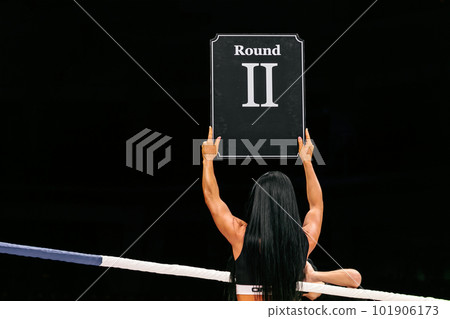brunette ring girl demonstrate sign with number... - Stock Photo ...