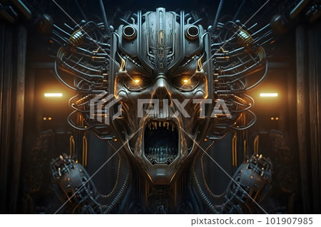 Dark robotic skeleton science fiction screaming...-插圖素材 [101907985 ...