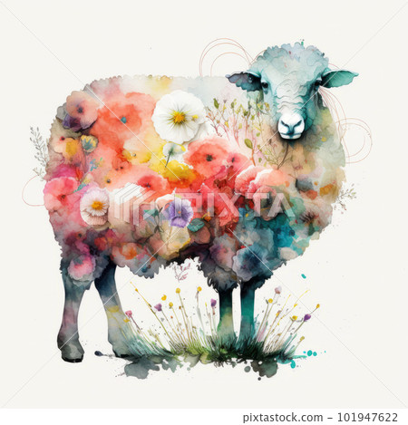 Watercolor cute floral sheep. Illustration AI... - Stock Illustration ...