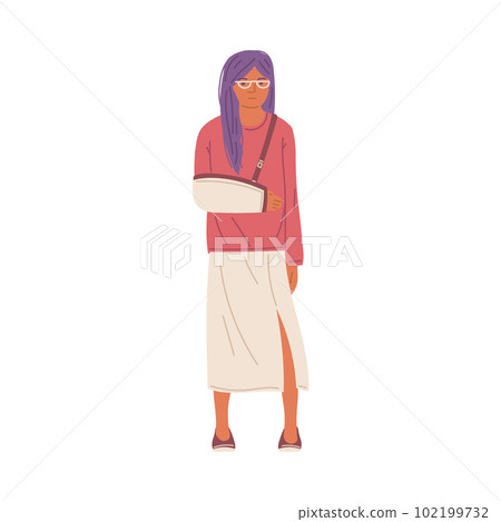 Sad injured woman with fixed arm flat style,... - Stock Illustration ...