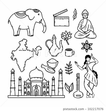 Culture and traditions of India. Vector doodle...-插圖素材 [102217076 ...